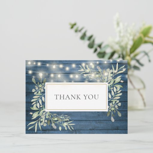 Blue Rustic Wood Greenery String Lights Thank You | Zazzle