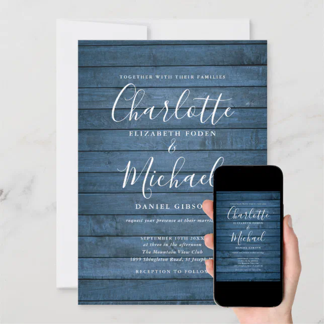 Blue Rustic Wood Signature Script Wedding Invitation | Zazzle