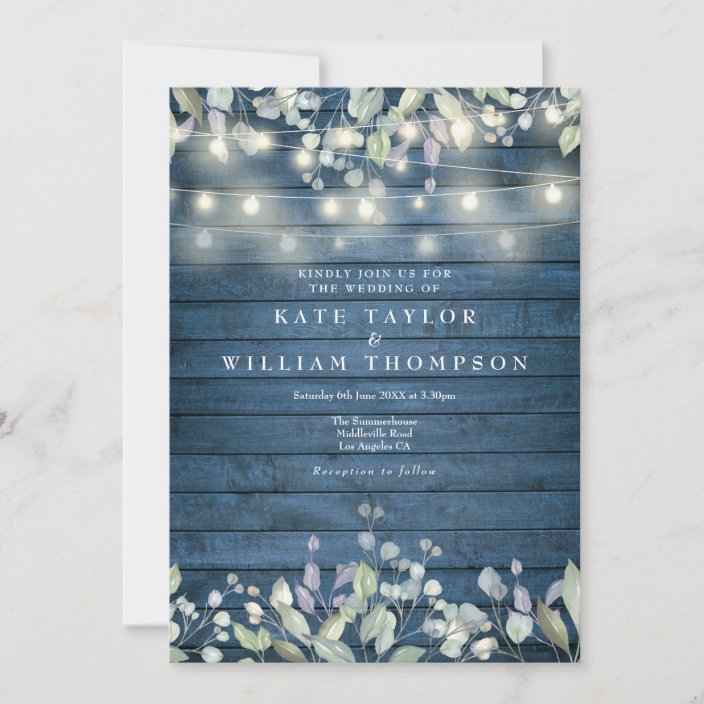 Blue Rustic Wood String Lights Greenery Wedding Invitation | Zazzle.com