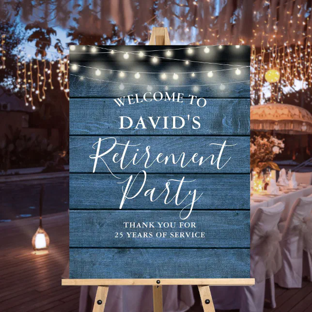 Blue Rustic Wood String Lights Retirement Party Foam Board | Zazzle
