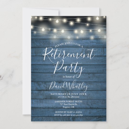 Blue Rustic Wood String Lights Retirement Party Invitation | Zazzle.com