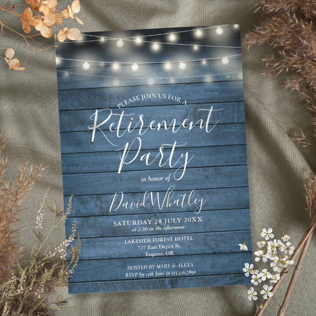 Blue Rustic Wood String Lights Retirement Party Invitation | Zazzle