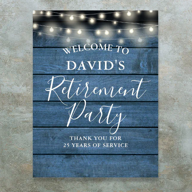 Blue Rustic Wood String Lights Retirement Party Poster | Zazzle