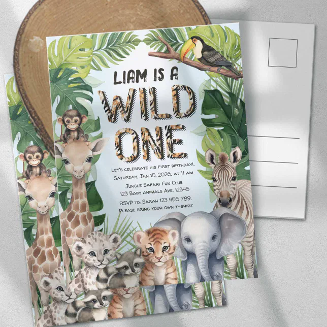 Blue Safari animals themed Wild one 1st birthday Invitation Postcard ...