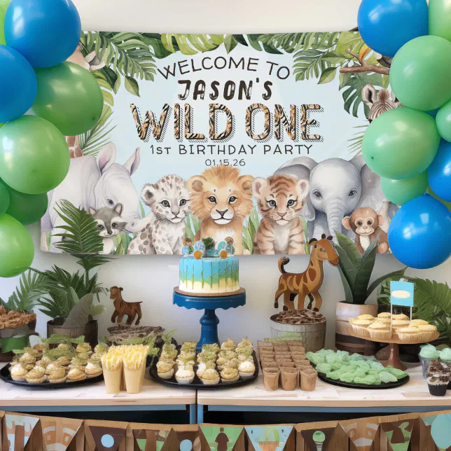 Blue Safari Themed Wild one 1st birthday welcome Banner | Zazzle