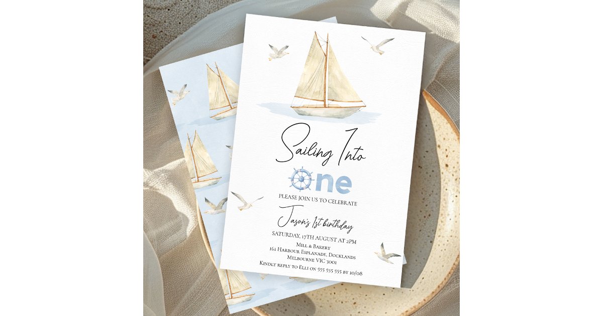 Blue Sailing Boat Sailing Into One 1st Birthday Invitation | Zazzle