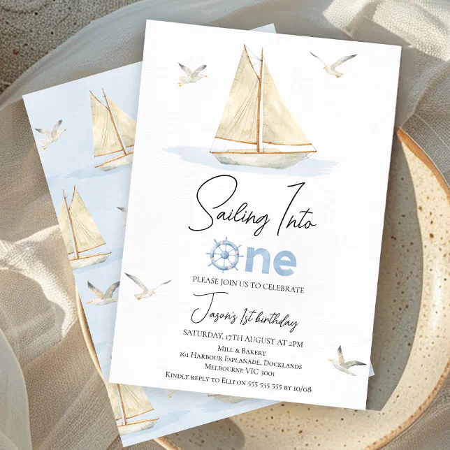 Blue Sailing Boat Sailing Into One 1st Birthday Invitation | Zazzle