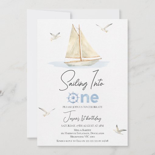 Blue Sailing Boat Sailing Into One 1st Birthday Invitation | Zazzle
