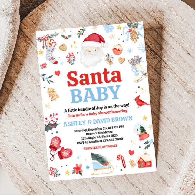 Blue Santa Baby Baby Shower Invitation | Zazzle