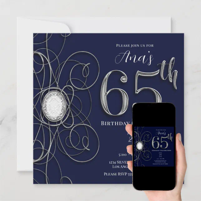 Blue Sapphire & Silver Diamond 65 65th Birthday Invitation | Zazzle