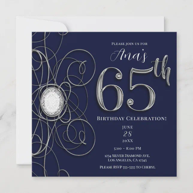 Blue Sapphire & Silver Diamond 65 65th Birthday Invitation | Zazzle