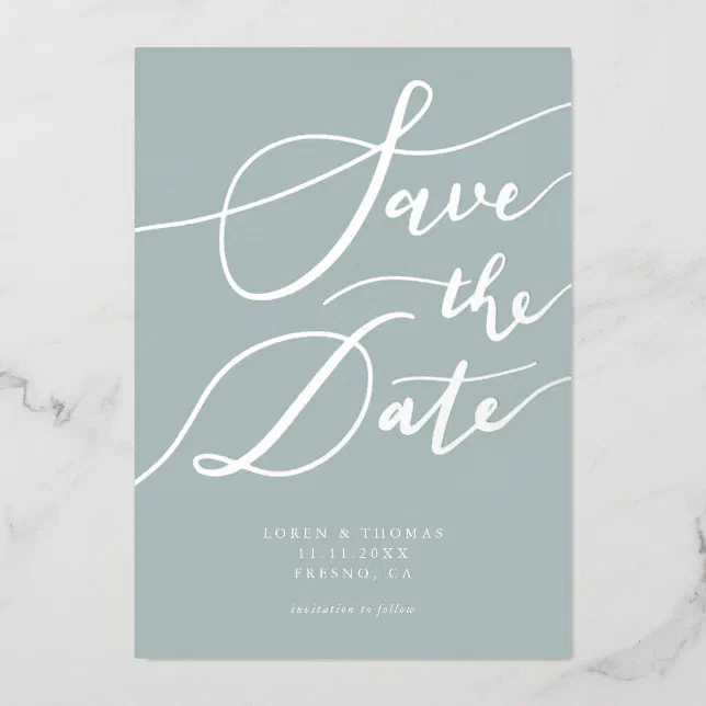 Blue Save The Date Calligraphy Foil Invitation | Zazzle