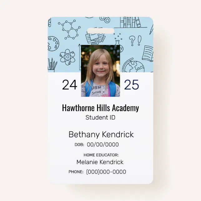 Blue School Icons Homeschool Student ID Badge | Zazzle