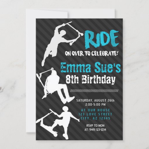 Blue Scooter Skate Park Party Birthday Invitation | Zazzle