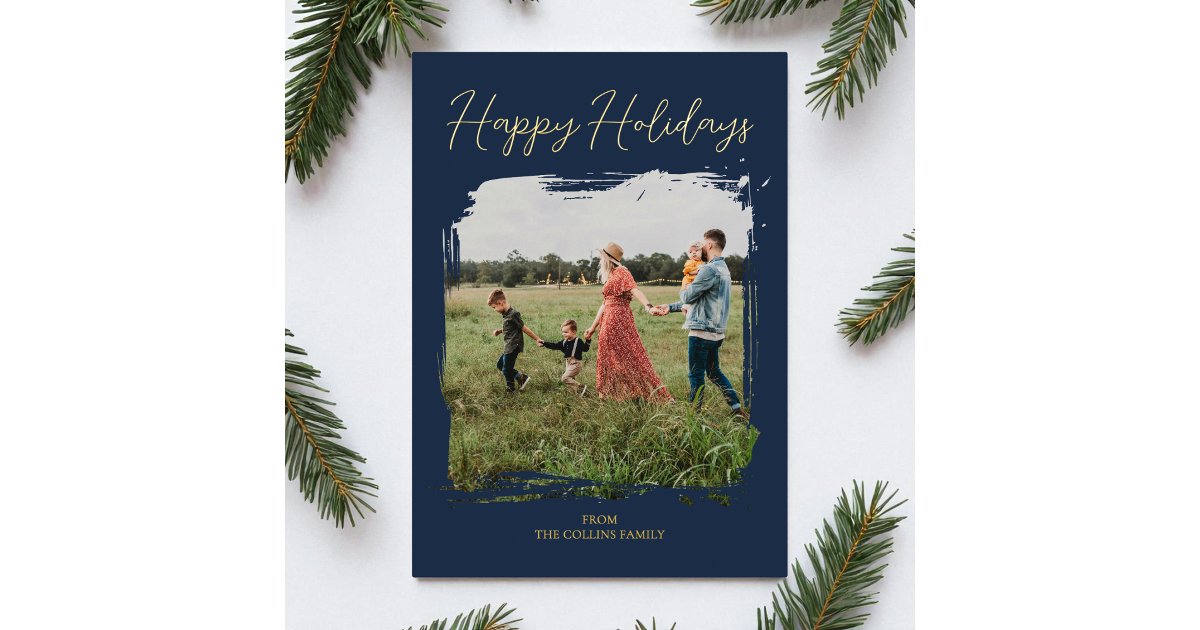 Blue Script Modern Minimal Photo Happy Holidays Foil Holiday Card | Zazzle