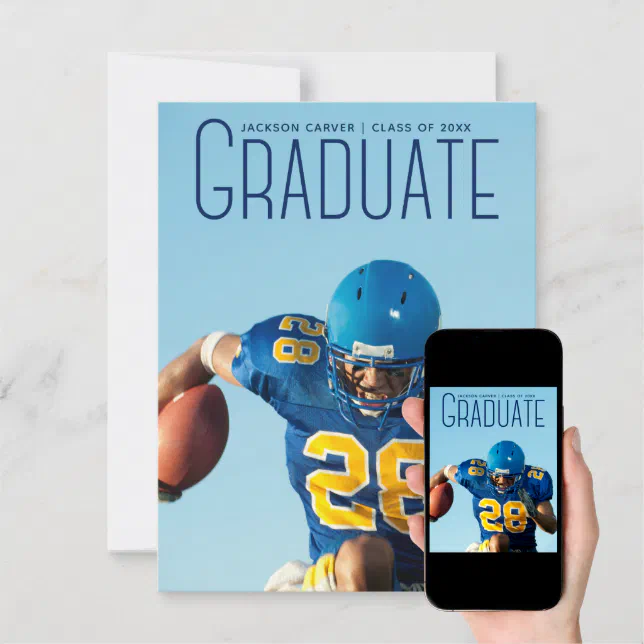 Blue Script Overlay Graduate Photo Football Player Announcement | Zazzle