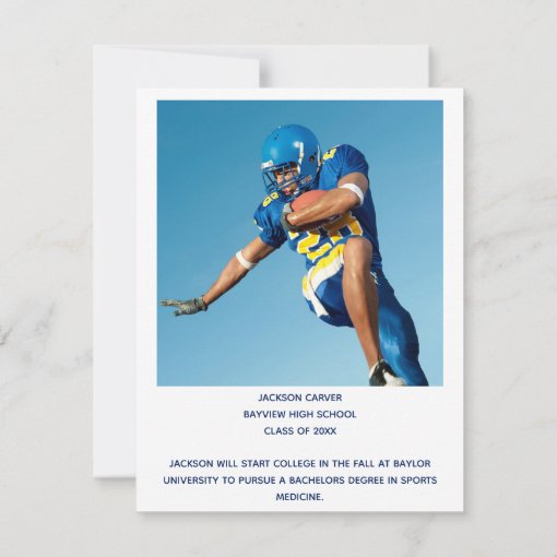 Blue Script Overlay Graduate Photo Football Player Announcement | Zazzle