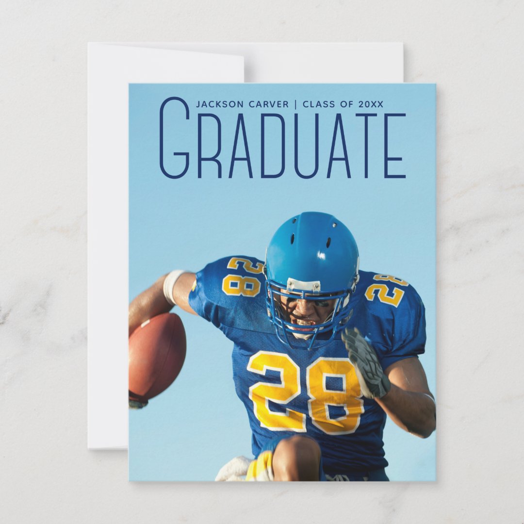 Blue Script Overlay Graduate Photo Football Player Announcement | Zazzle