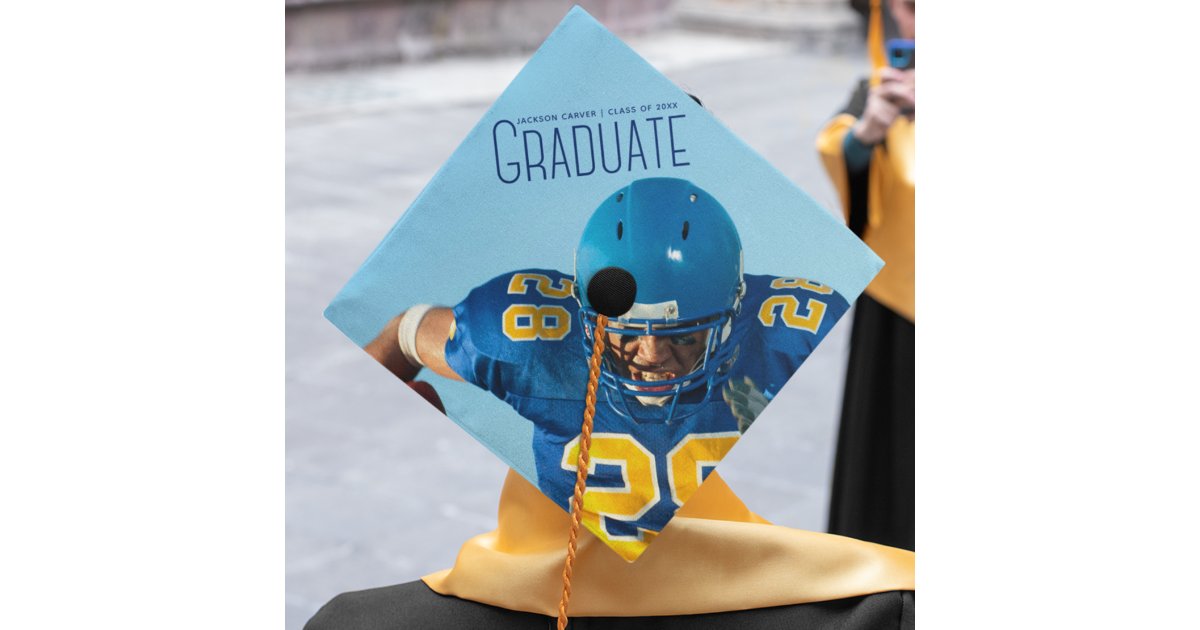 Blue Script Overlay Graduate Photo Football Player Graduation Cap ...