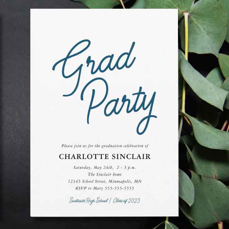 Blue Script Simple Budget Grad Party Invitation | Zazzle
