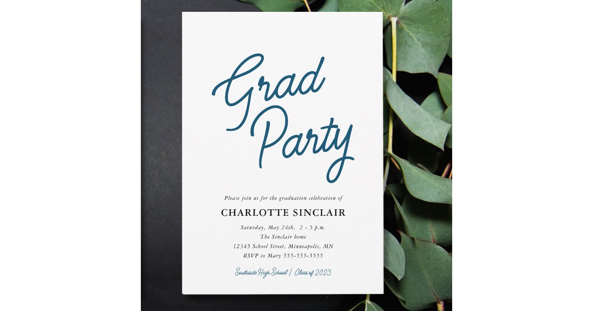 Blue Script Simple Budget Grad Party Invitation | Zazzle