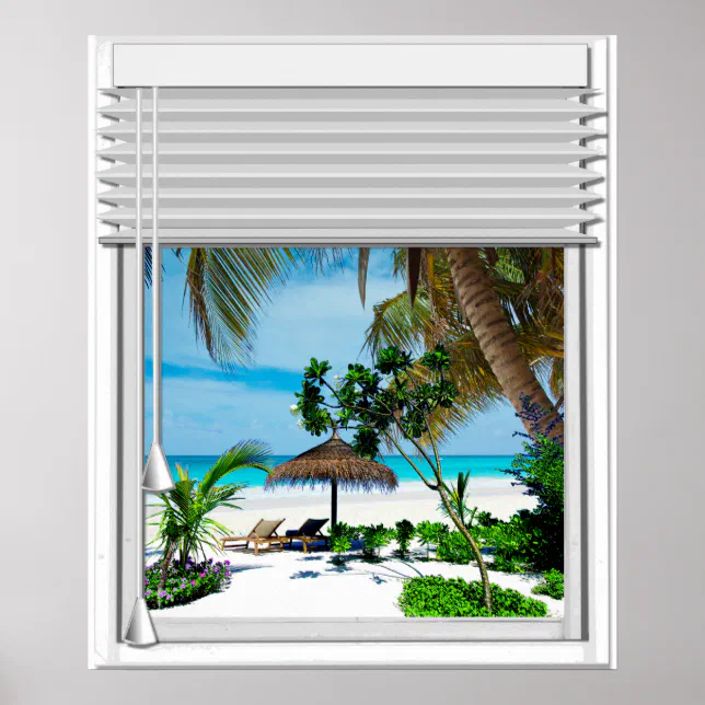 Blue Sea Beach View Fake Window With Blinds Poster | Zazzle