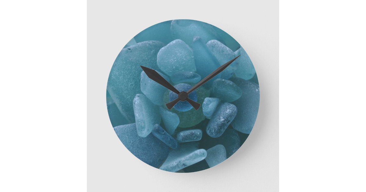 Blue Sea Glass Flower Round Clock | Zazzle