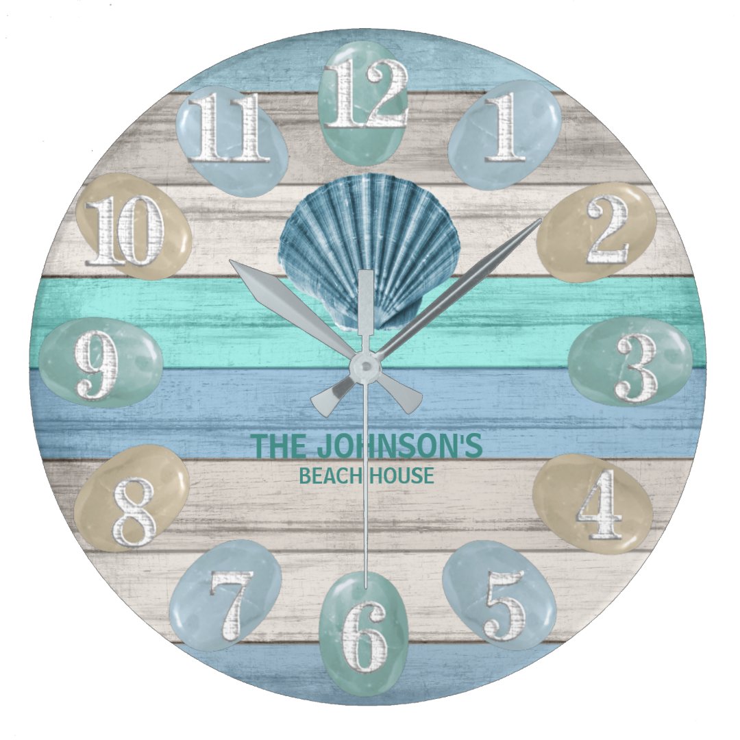 Blue Seashell and Beach Wood Nautical - Blue Teal Large Clock | Zazzle