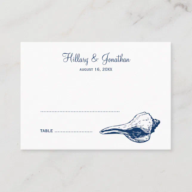 Blue seashell beach wedding escort name place card | Zazzle
