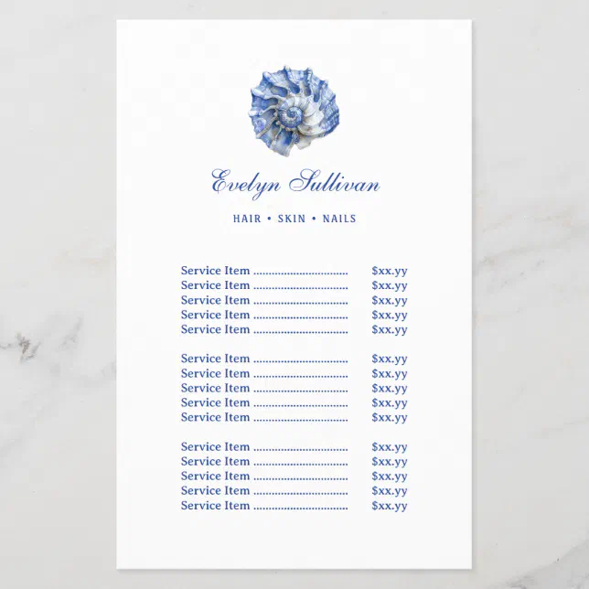 Blue seashell logo price list flyer | Zazzle