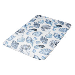 Blue Seashells Pattern on White Beach House Bathroom Mat | Zazzle