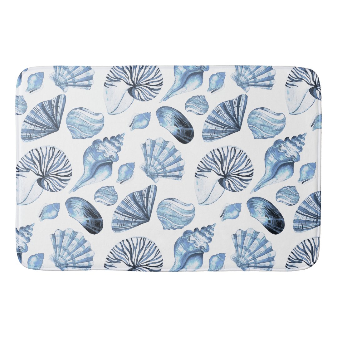 Blue Seashells Pattern on White Beach House Bathroom Mat | Zazzle