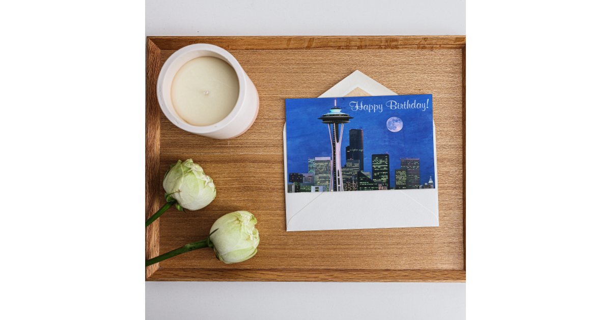Blue Seattle Skyline Happy Birthday Card | Zazzle