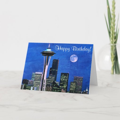Blue Seattle Skyline Happy Birthday Card | Zazzle