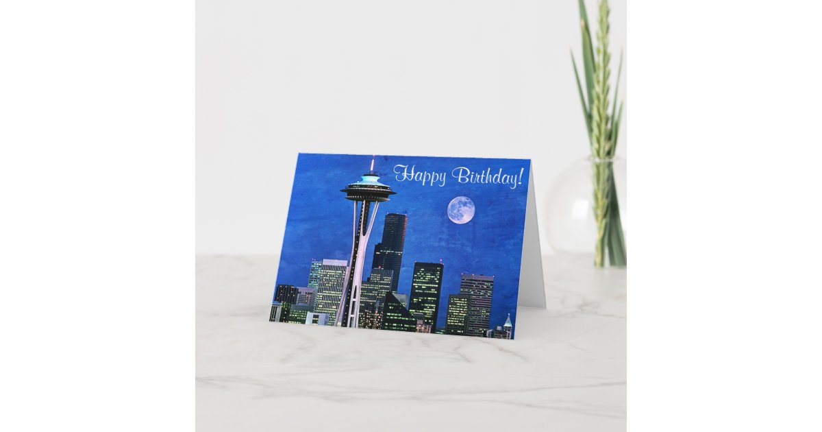 Blue Seattle Skyline Happy Birthday Card | Zazzle