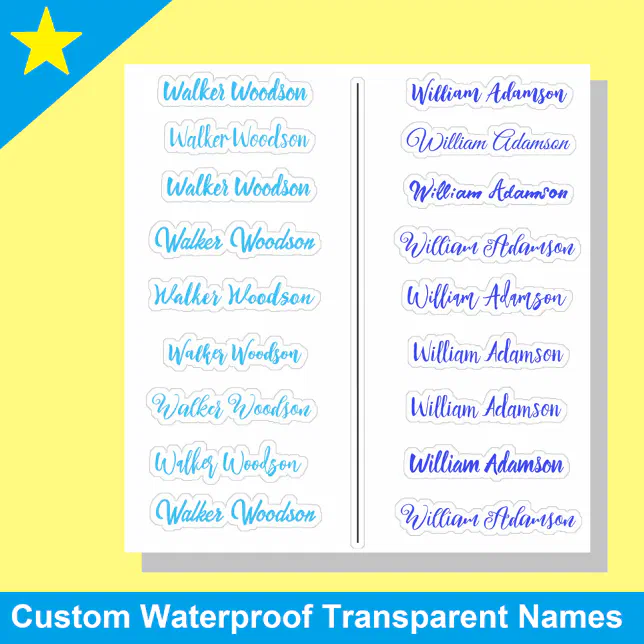 (Blue Set of 18) Transparent Simple Name Stickers | Zazzle