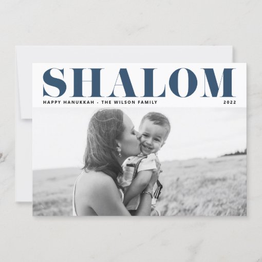 Blue Shalom Bold Typography Happy Hanukkah Photo Holiday Card | Zazzle