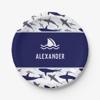 Blue Shark Pattern with Name Boy Birthday Party Paper Plates | Zazzle