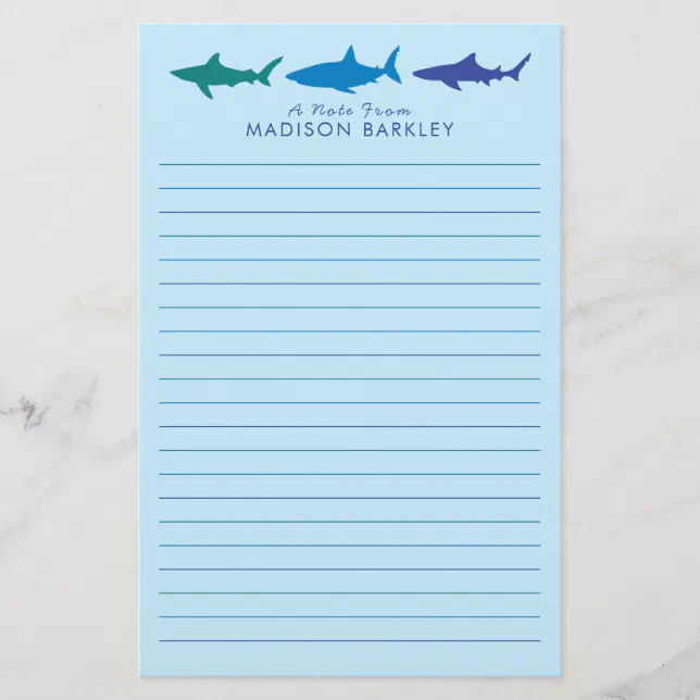 Blue Sharks Cute Kid's Stationery | Zazzle