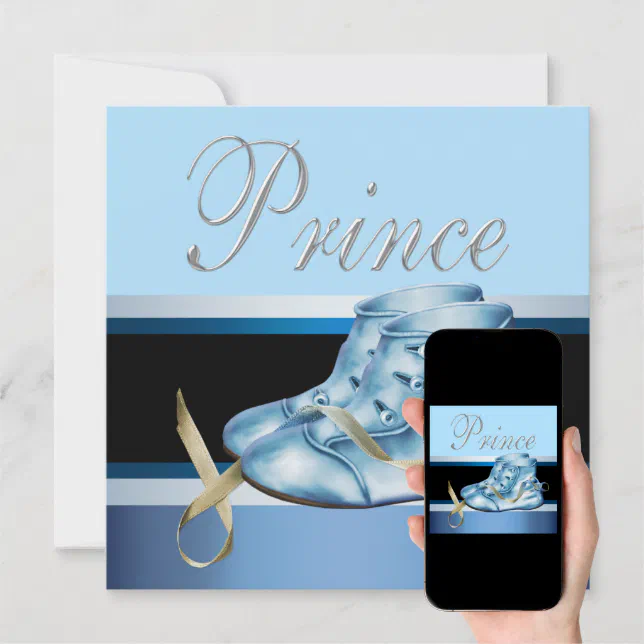 Blue Shoes Black Blue Crown Prince Baby Shower Invitation | Zazzle