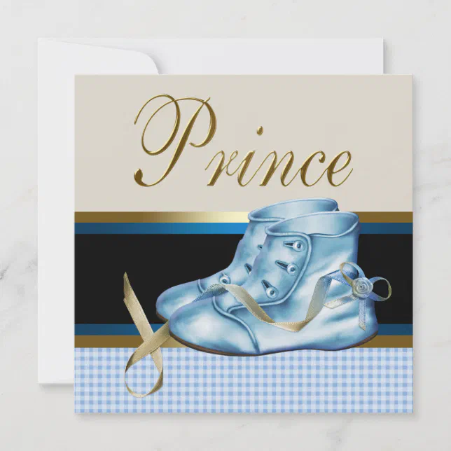 Blue Shoes Black Gold Crown Prince Baby Shower Invitation | Zazzle