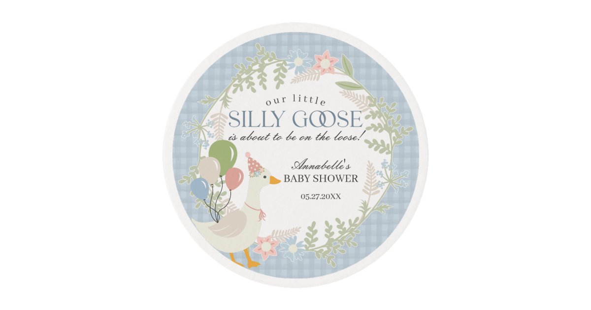 Blue Silly Goose Floral Gingham Baby Shower Edible Frosting Rounds | Zazzle