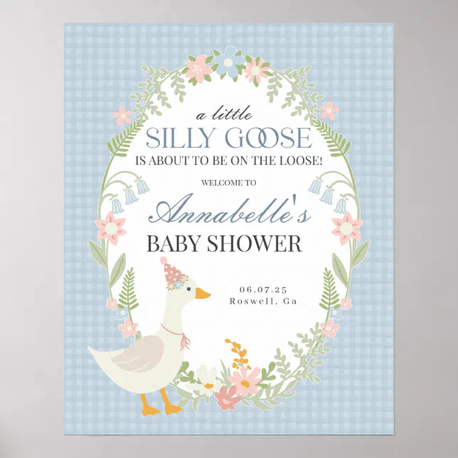 Blue Silly Goose Gingham Baby Shower Welcome Sign | Zazzle