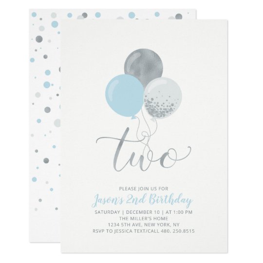 Blue & Silver Balloons | Two 2nd Boy Birthday Invitation | Zazzle.com