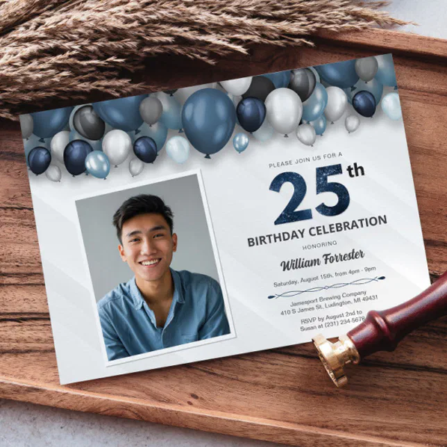 Blue Silver Black & White 25th Birthday Photo Invitation | Zazzle