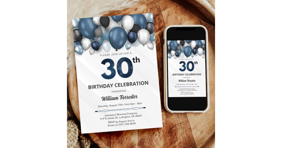 Blue Silver Black & White 30th Birthday Invitation | Zazzle