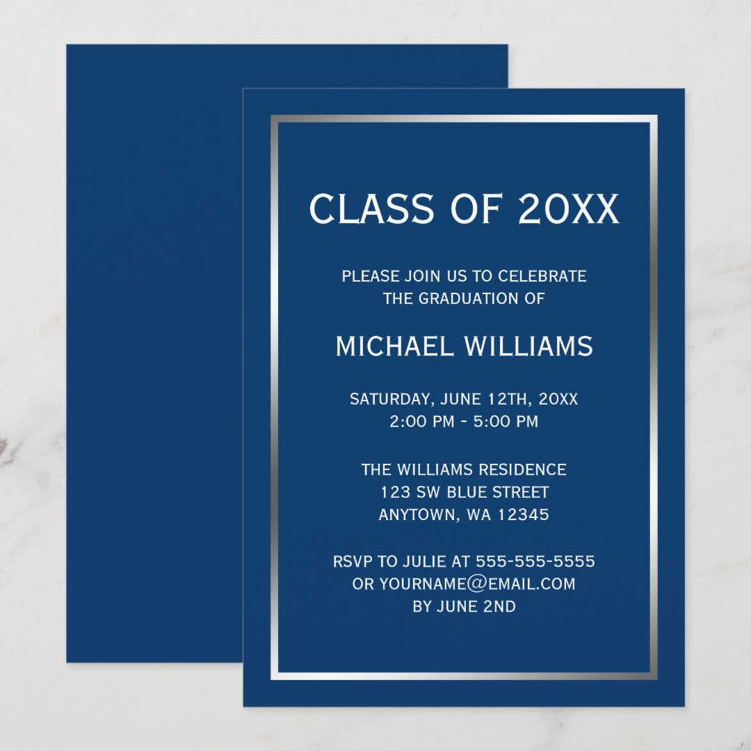 Blue Silver Border Graduation Announcement | Zazzle