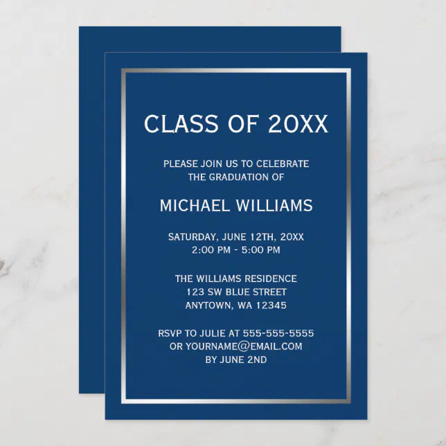 Blue Silver Border Graduation Announcement | Zazzle