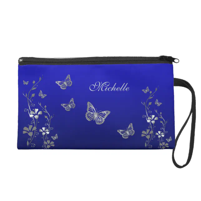 Blue Silver Butterfly Floral Wristlet Bag | Zazzle