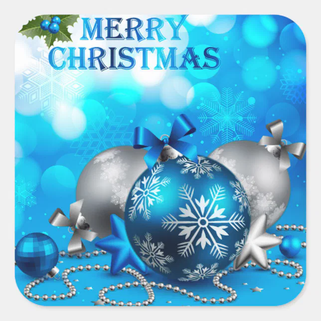Blue & Silver Christmas Balls, Candy Cane, Stars Square Sticker | Zazzle